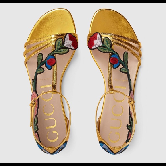 Gucci | Shoes | Gucci Ophelia Floral Embroidered Sandals In Gold | Poshmark
